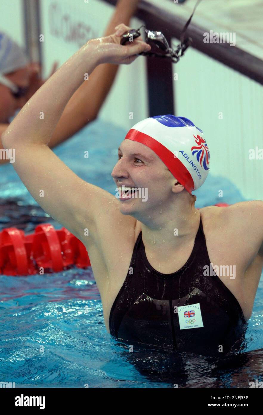 Britains Rebecca Adlington Celebrates Winning The Gold Medal In The