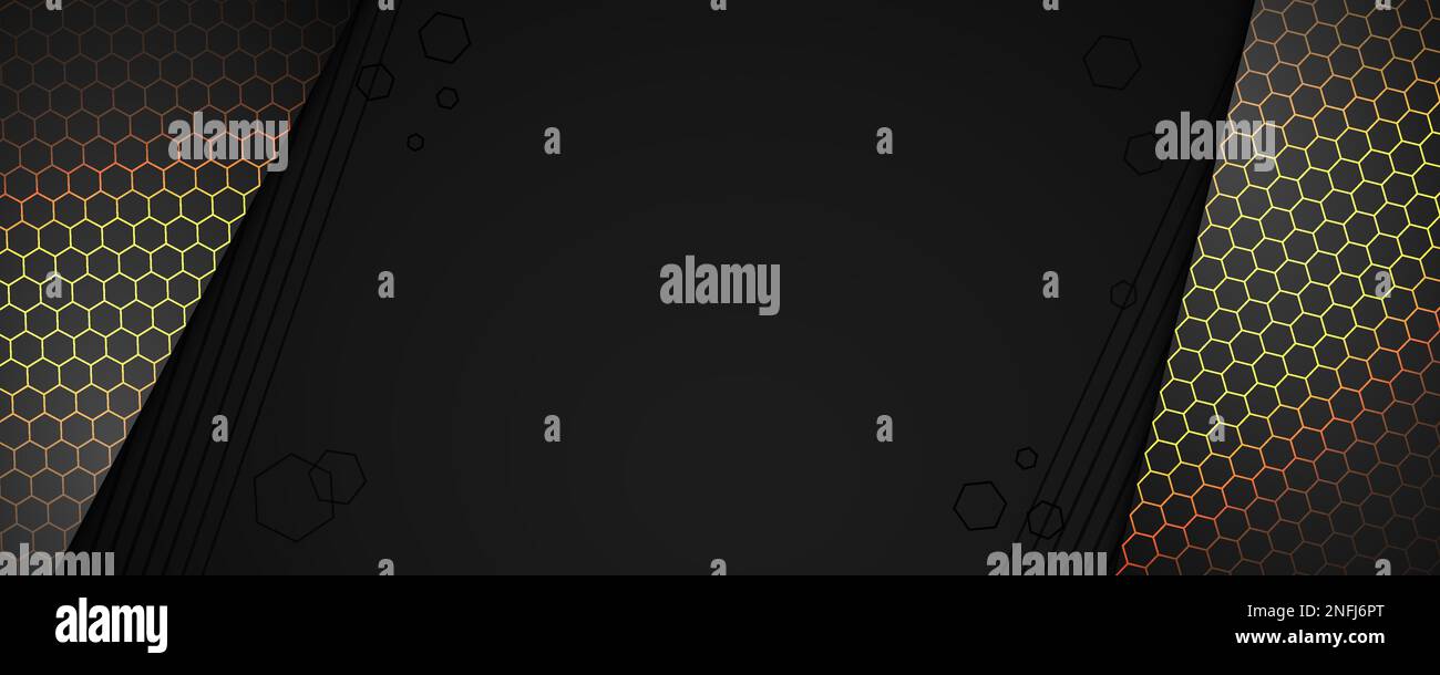 Abstract dark banner. Shiny black background with glowing hexagon shapes patterns. Vector ...