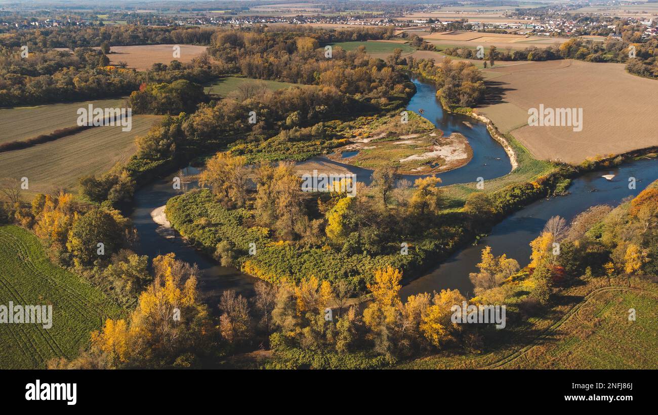 Aerial view of Meanders of an untouched river near Bohumin, Czech ...