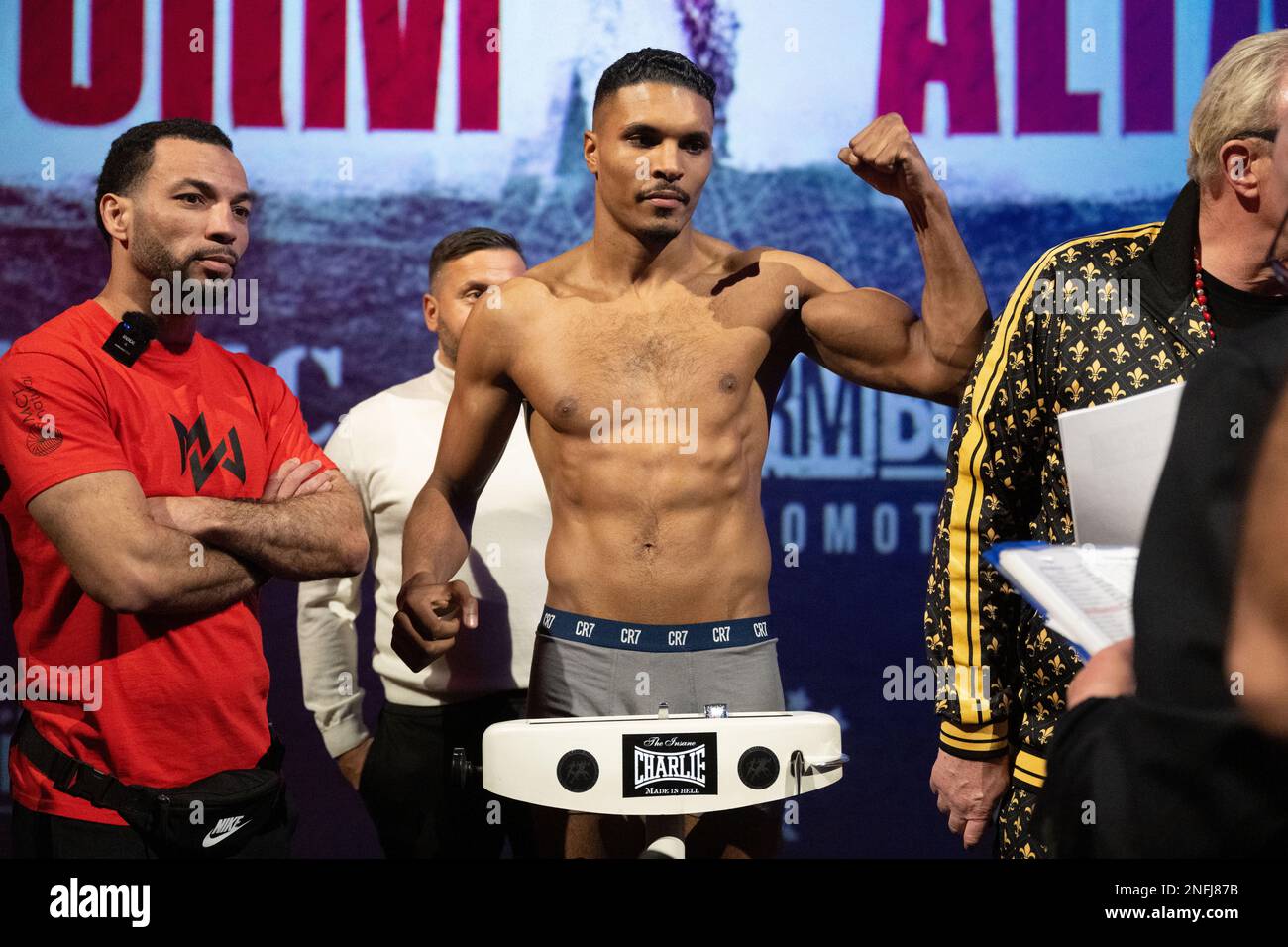 Fellbach, Germany. 17th Feb, 2023. Anas el Abid (M) from Germany takes part in the weigh-in ...