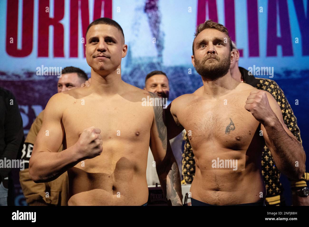 Fellbach, Germany. 17th Feb, 2023. Tyron Zeuge (l) of Germany and ...