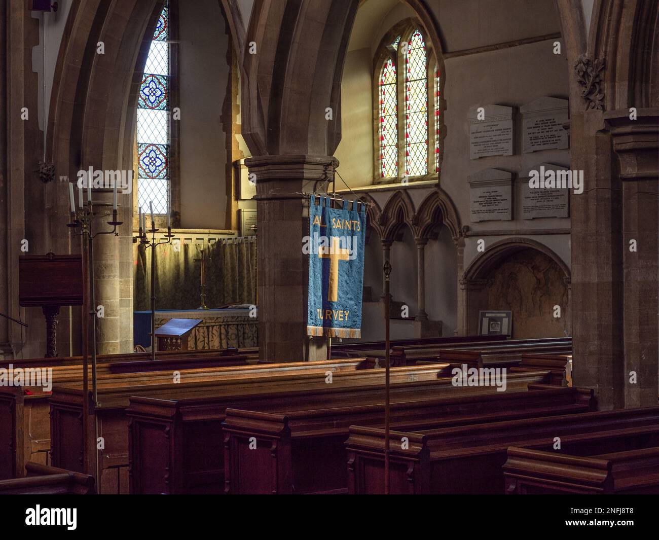 Interior of the parish church of All Saints in the village of Turvey ...