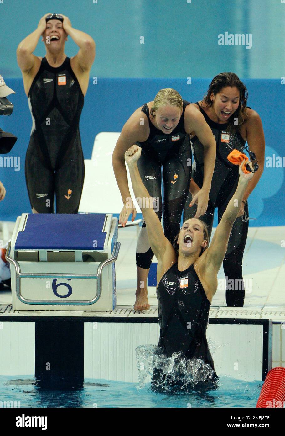 Netherlands' Marleen Feldhuis, front, celebrates with her teammates ...