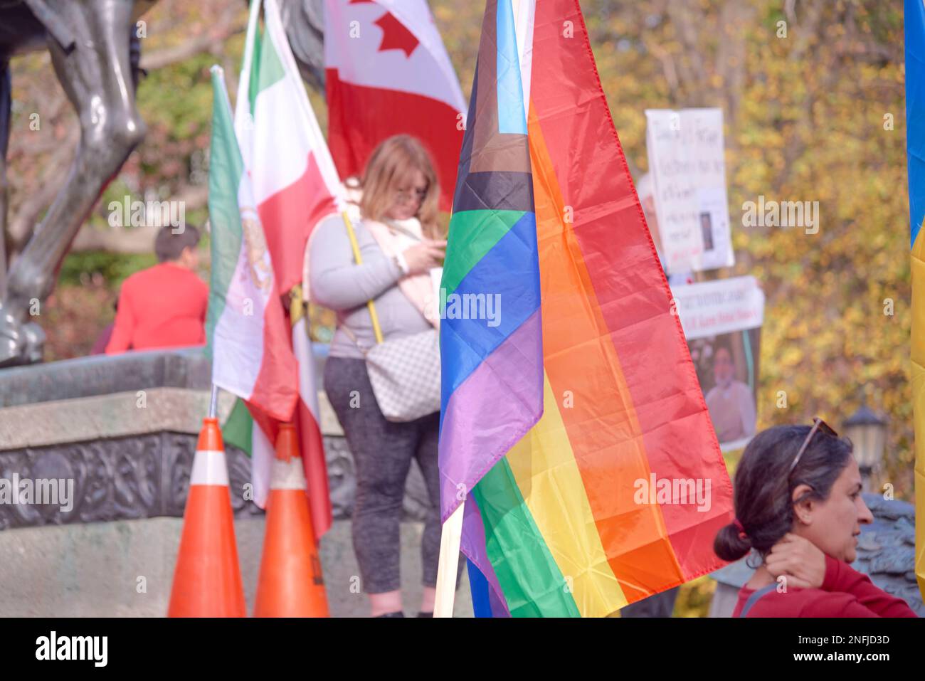 Toronto Ontario, Canada- November 5th, 2022: A pride flag at anti Iran ...