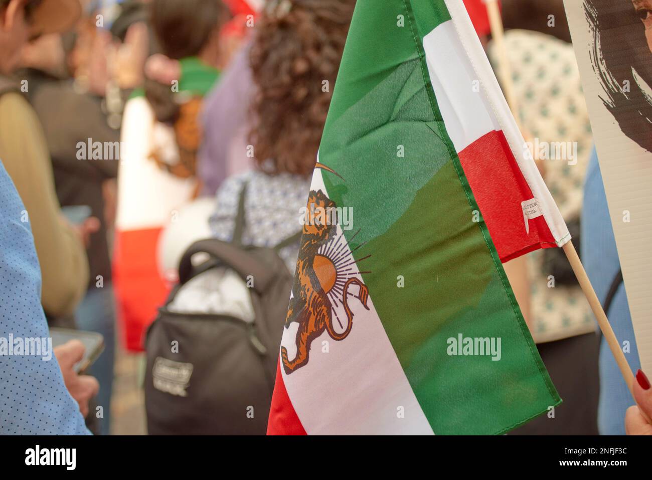 Toronto Ontario, Canada- November 5th, 2021: An Iranian flag at an anti ...