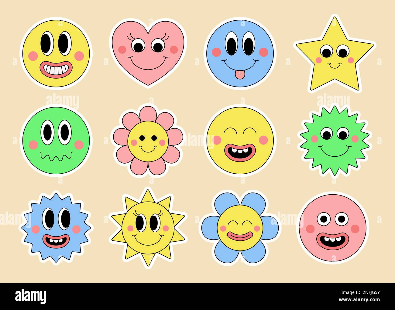 Set of cool colorful groovy retro stickers. Happy trendy hippie smiling ...