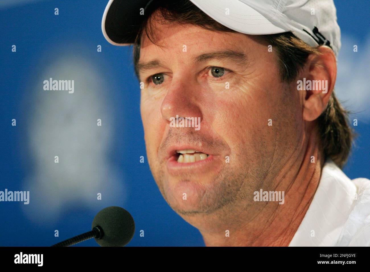 Paul Azinger, captiain of the 2008 U.S Ryder Cup team, speaks at a news ...
