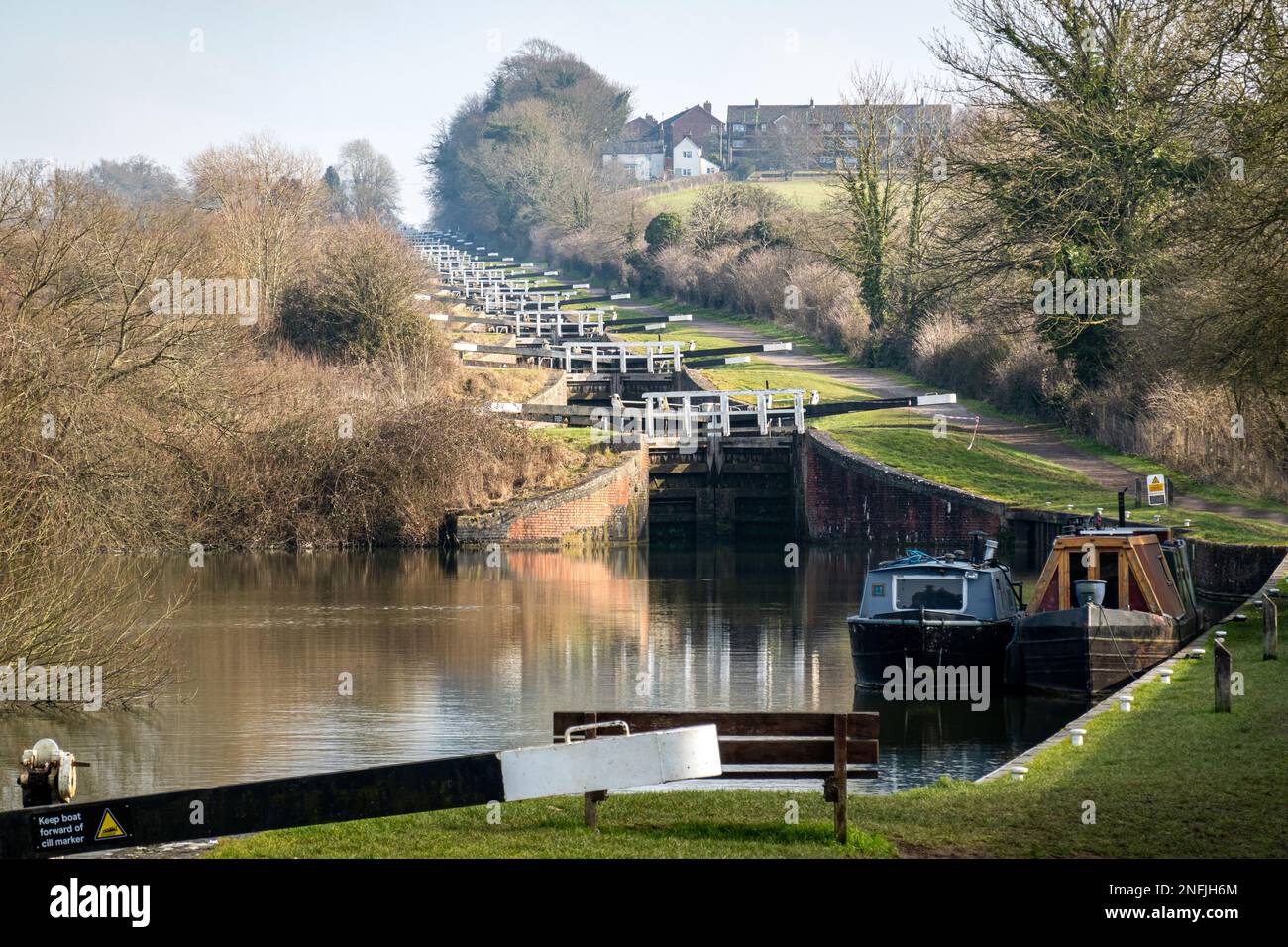The steep canal system of locks on the Kennet and Avon canal at Caen ...