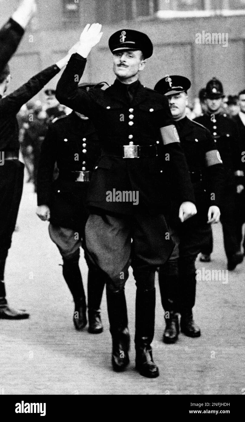 Sir Oswald Mosley, leader of the British Union of Fascists, gives the ...