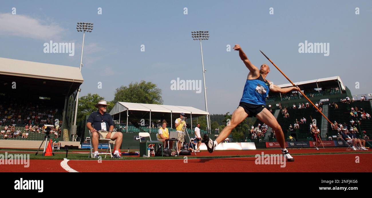 Tom Pappas takes aim before throwing his javelin in the decathlon ...