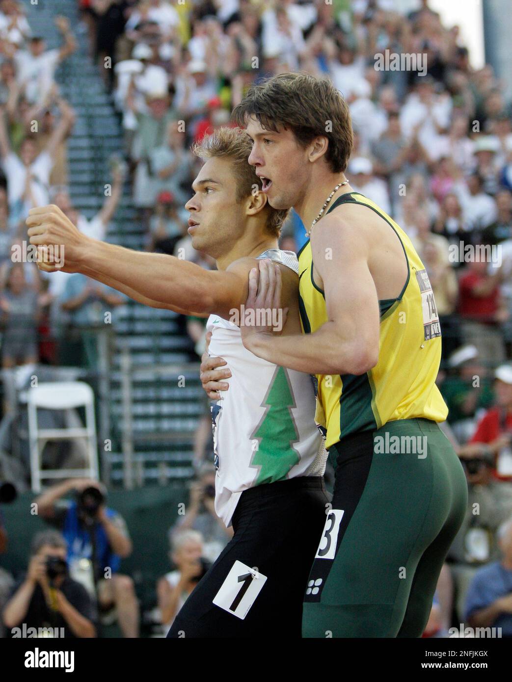 Nicholas Symmonds, left, is congratulated by Andrew Wheating after ...