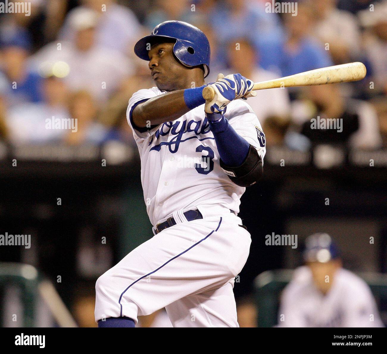 Kansas City Royals' Esteban German hits during a baseball game against ...