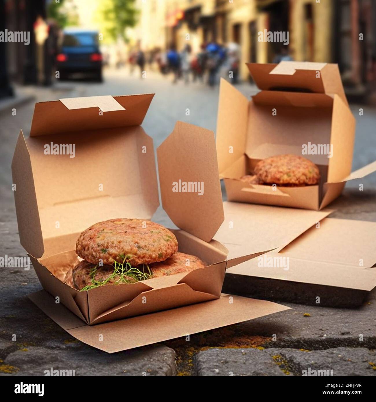 Street food. Burgers with meatballs in paper boxes. food delivery Stock ...