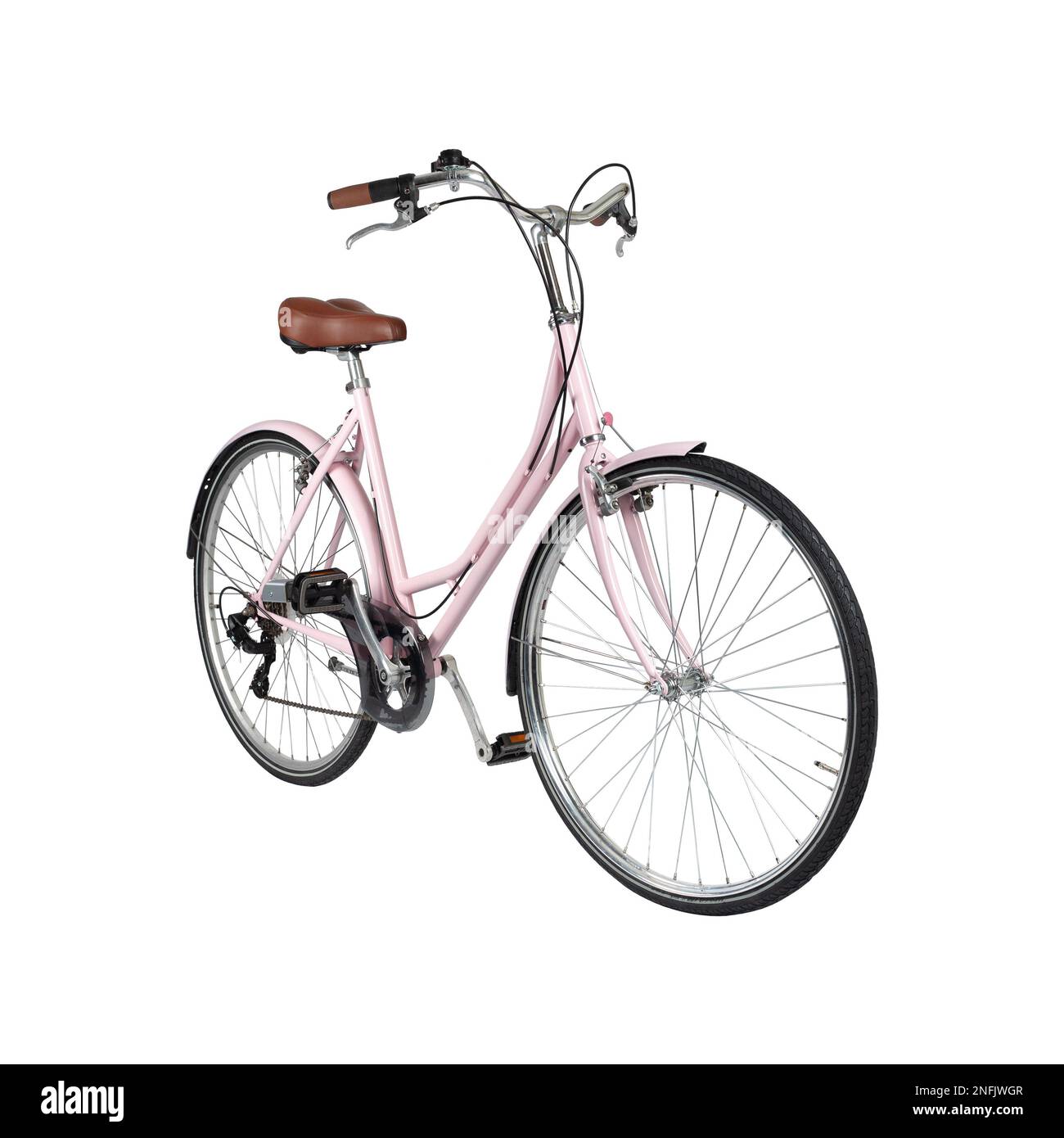 Pink retro bicycle with brown saddle and handles, generic bike side ...