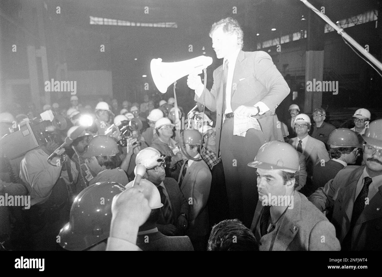 Sen. Edward Kennedy addresses a group of steel workers at a steel mill ...