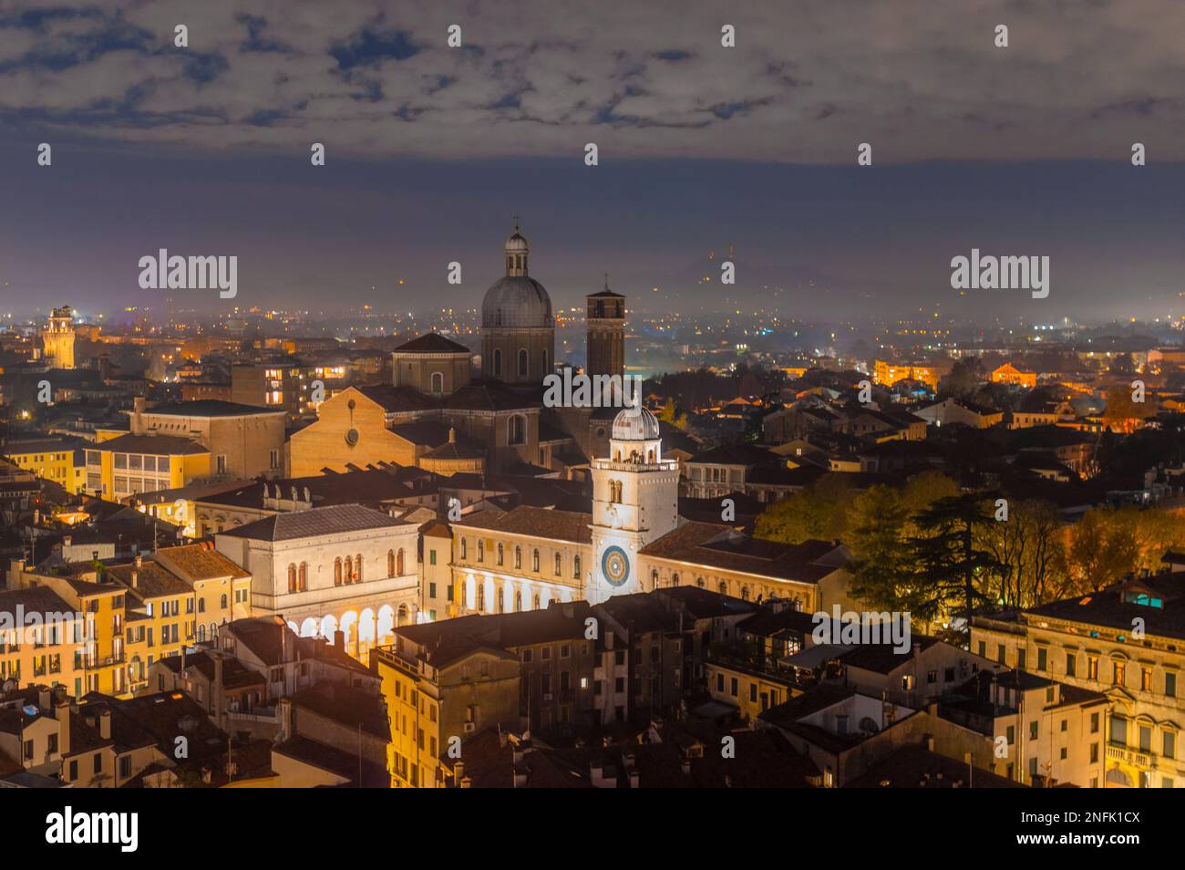 Padova city from above, night aerial view towards the cathedral and ...