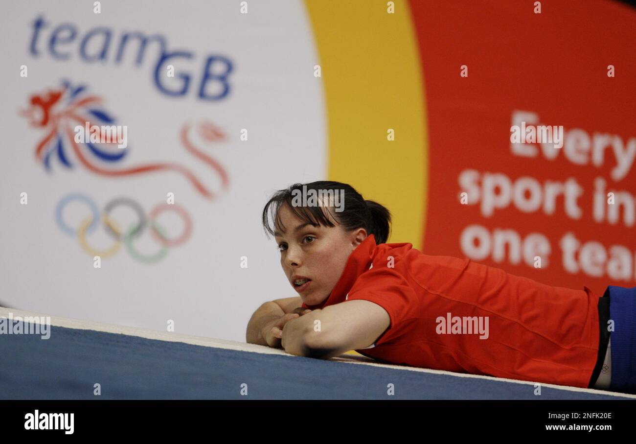 British Olympic gymnastics Beth Tweddle rests during a training session in Macau, Tuesday July ...