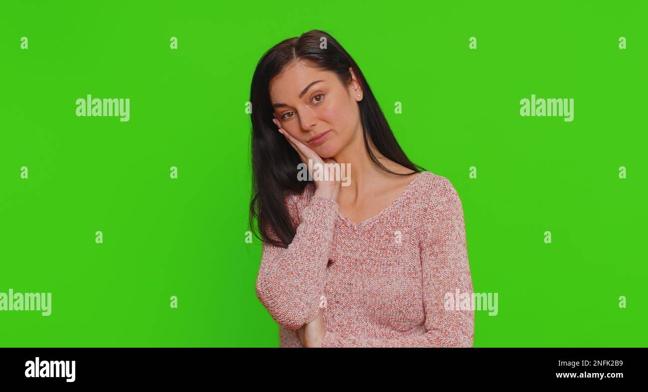 Sad tired bored pretty woman indifferent expression, exhausted of ...