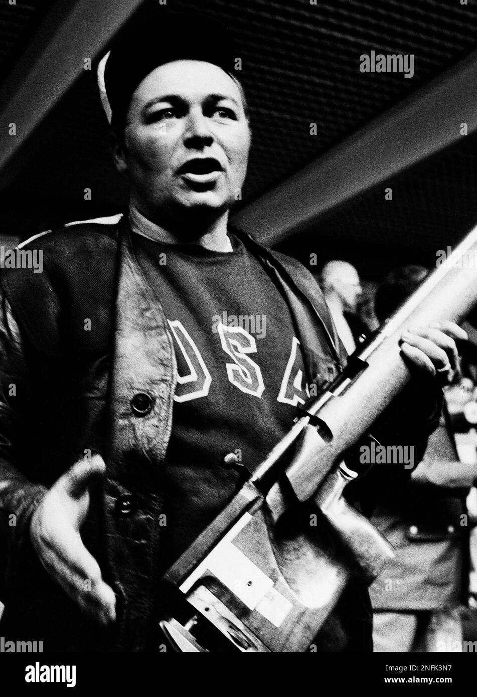 American gold medal winner Lones Wigger is questioned by newsman on ...