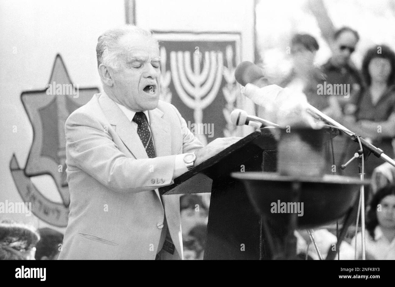 Israeli Prime Minister Yitzhak Shamir speaks in Jerusalem, May 30, 1984 ...
