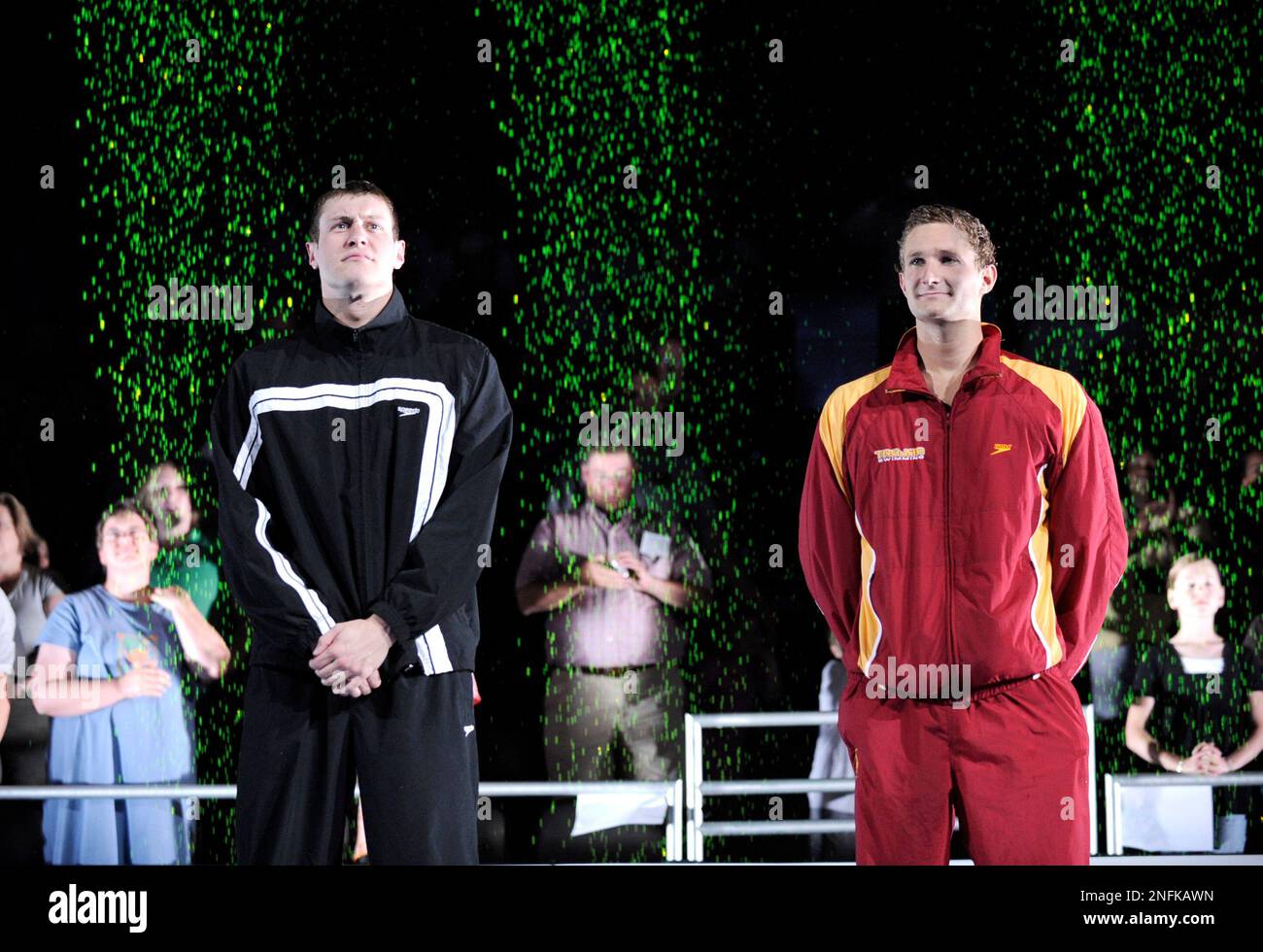 Peter Vanderkaay, left, and Larsen Jensen smile during the awards ...