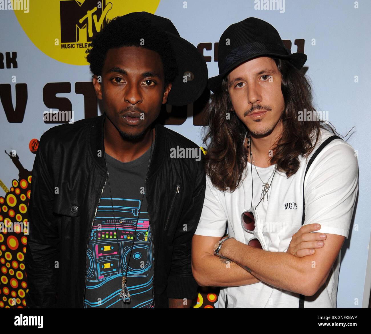 Musicians Shwayze,left, and Cisco Adler pose backstage at MTV Studio's ...