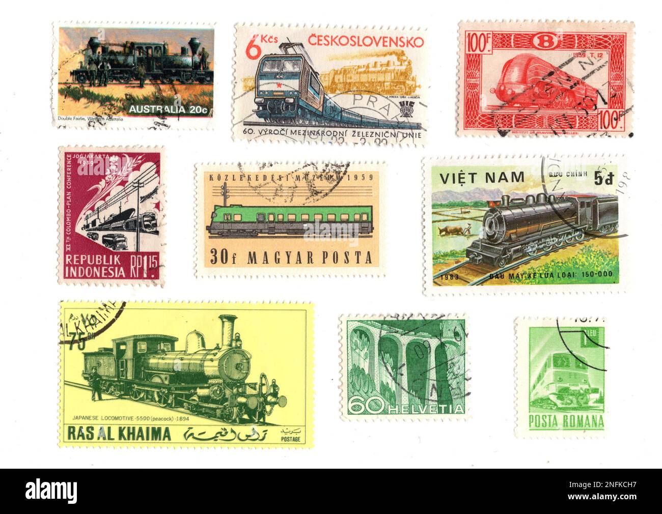 Vintage postage stamps from around the world featuring trains Stock ...