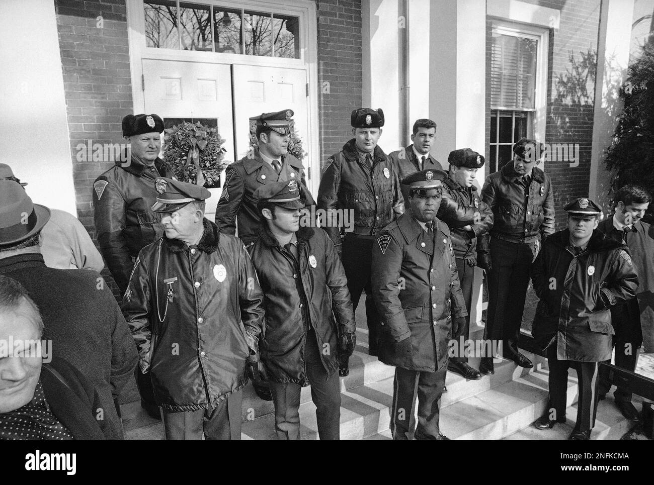 Police officers line steps of Dukes County Court House in Edgartown ...