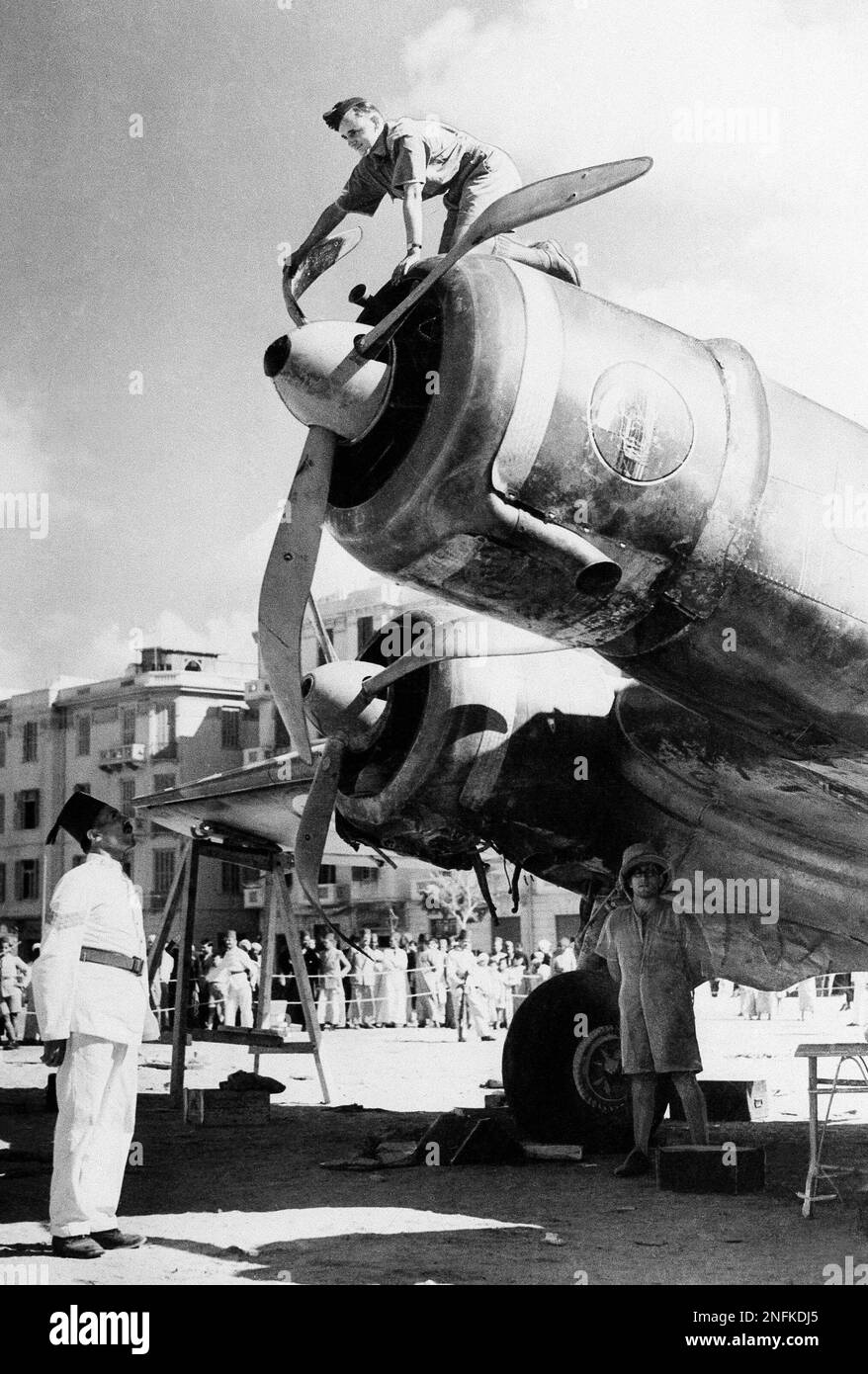 This Italian Savoia 79 bomber, shot down by a fighter plane of the R.A ...