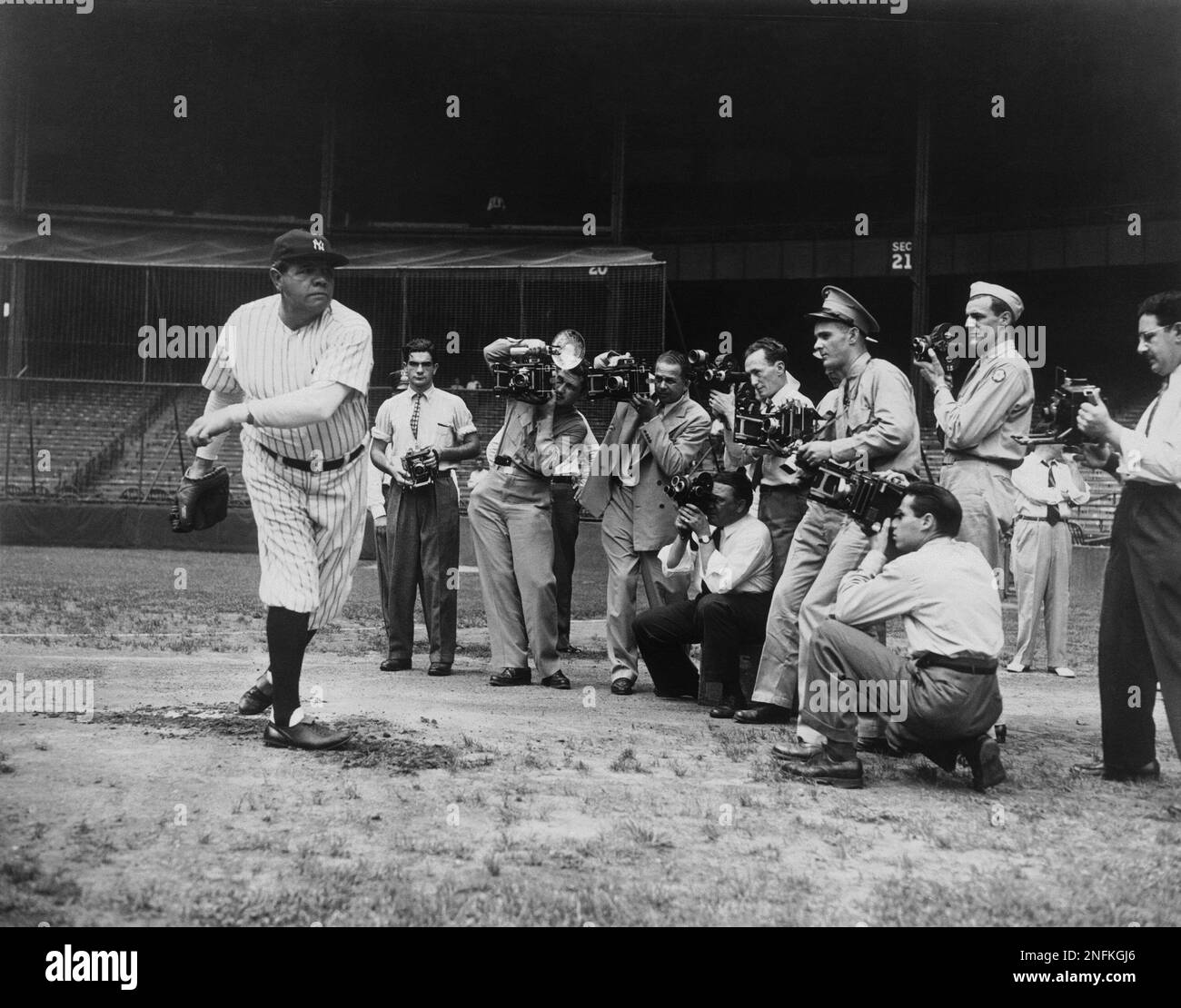 Baseball Hall of Famer Babe Ruth warms up for photographers at New York ...