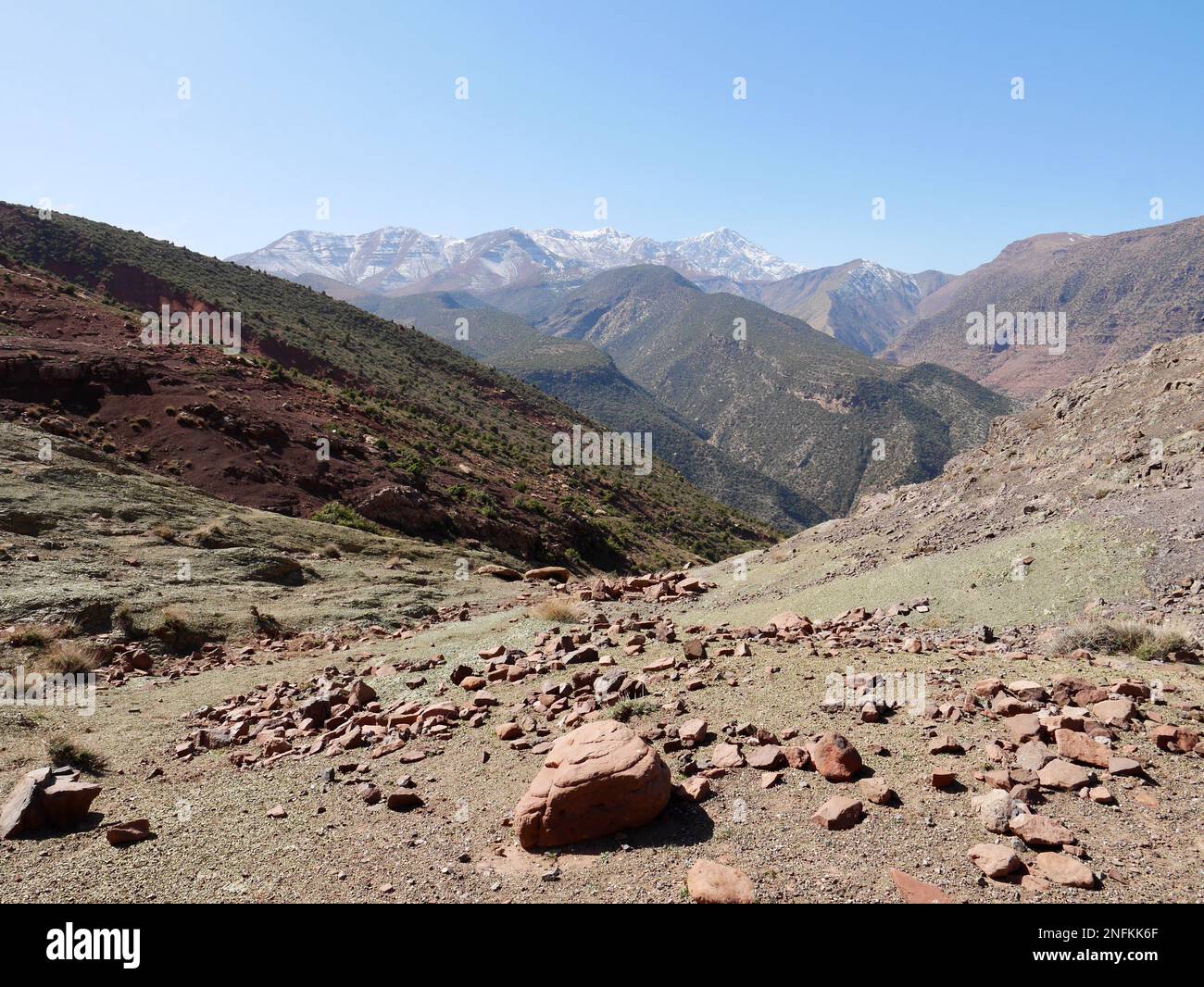 Panoramic view of snow-capped High Atlas Mountains in Ourika valley ...