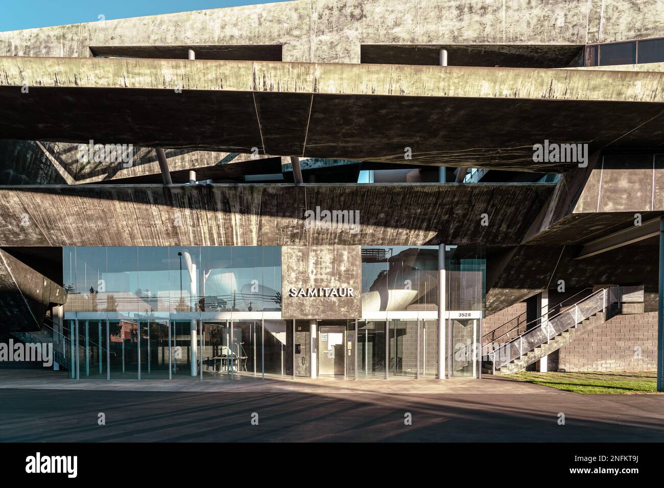 A facade of the Samitaur constructs building in Los Angeles, CA, USA ...