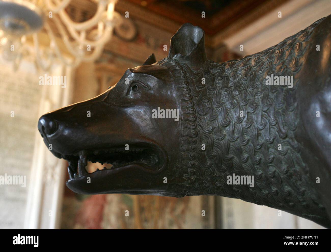 A close-up of the original bronze "Lupa Capitolina" (she-wolf) symbol ...