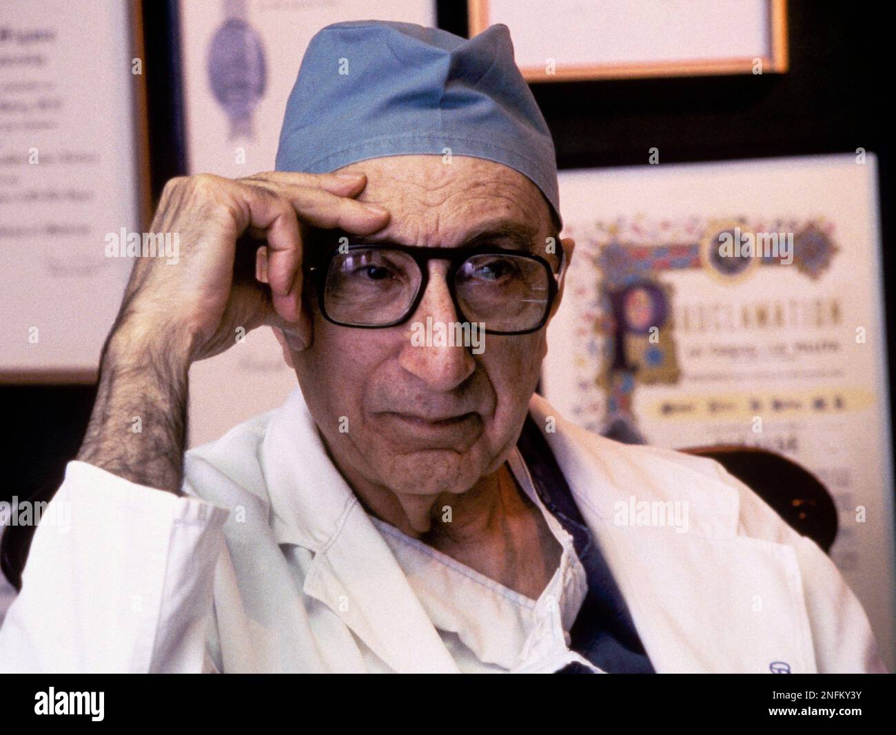 American heart surgeon Dr. Michael DeBakey during interview in his ...