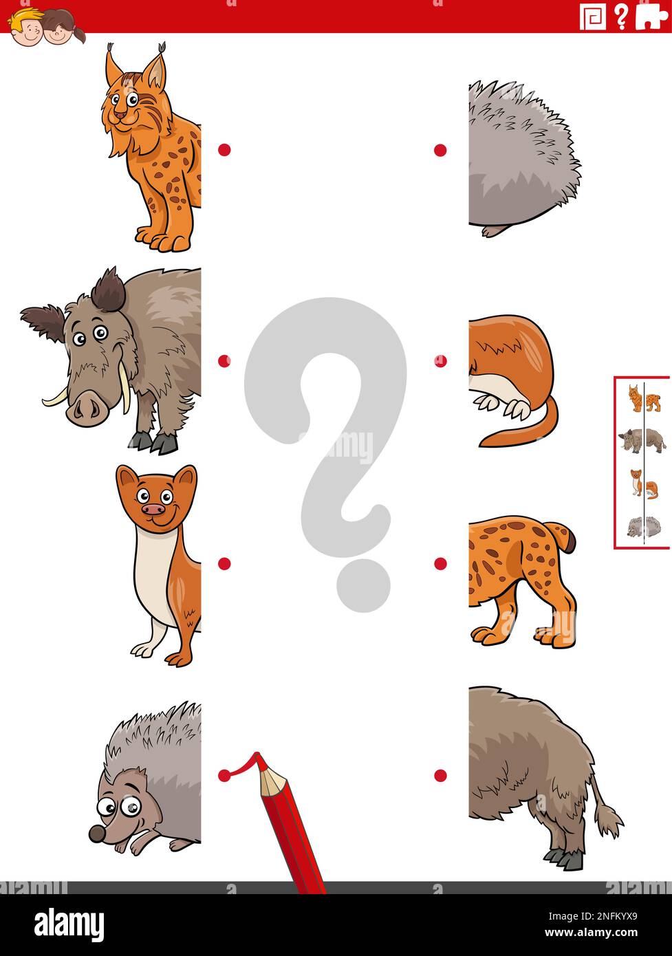 Cartoon illustration of educational task of matching halves of pictures ...