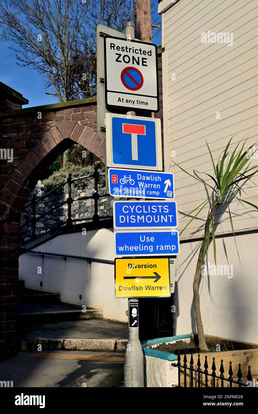 Multiple signs at Dawlish, South Devon, along the South West Coast Path ...