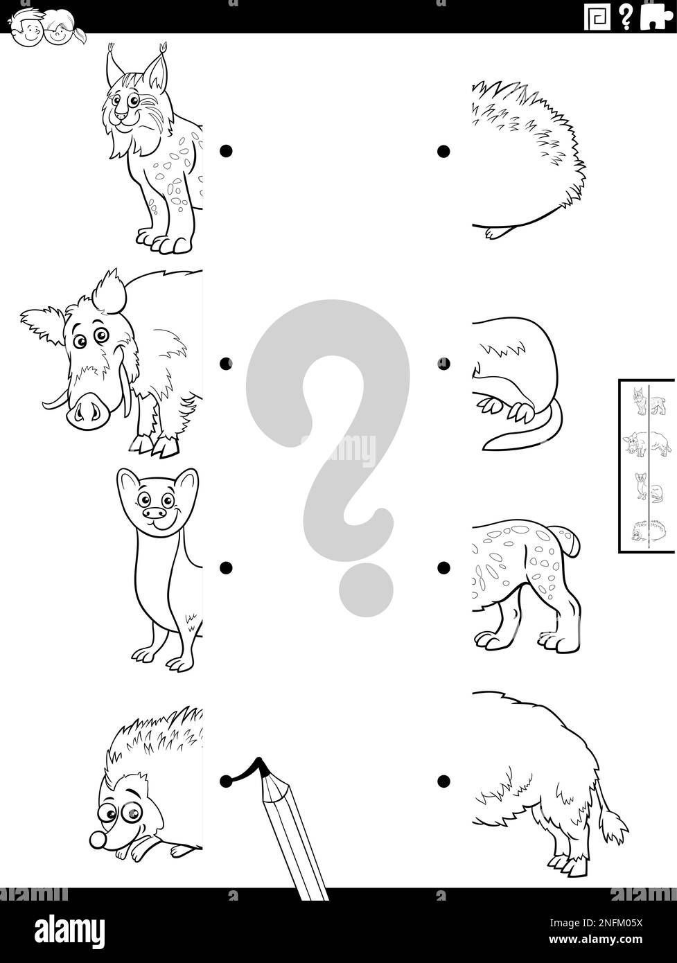 Black and white cartoon illustration of educational task of matching ...