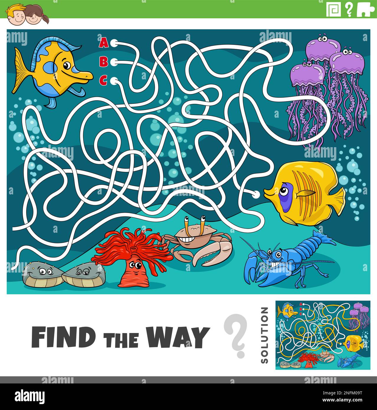 Cartoon illustration of find the way maze puzzle game with fish and ...