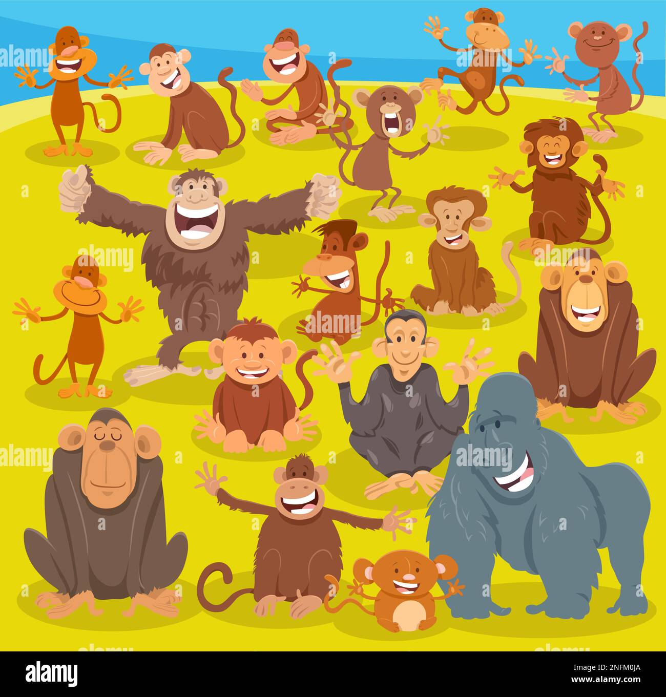 Cartoon illustration of happy monkeys and apes wild animals characters ...