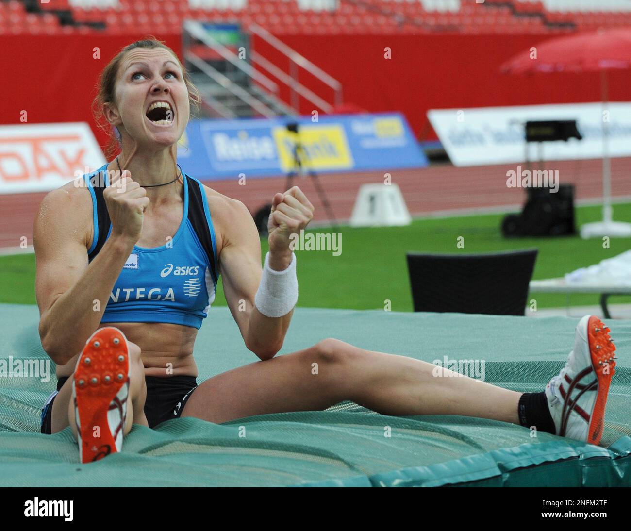 Carolin Hingst reacts after a jump at the women pole vault competition ...