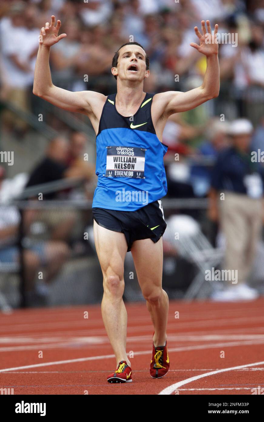 William Nelson crosses the finish line during the men's 3000 meter ...