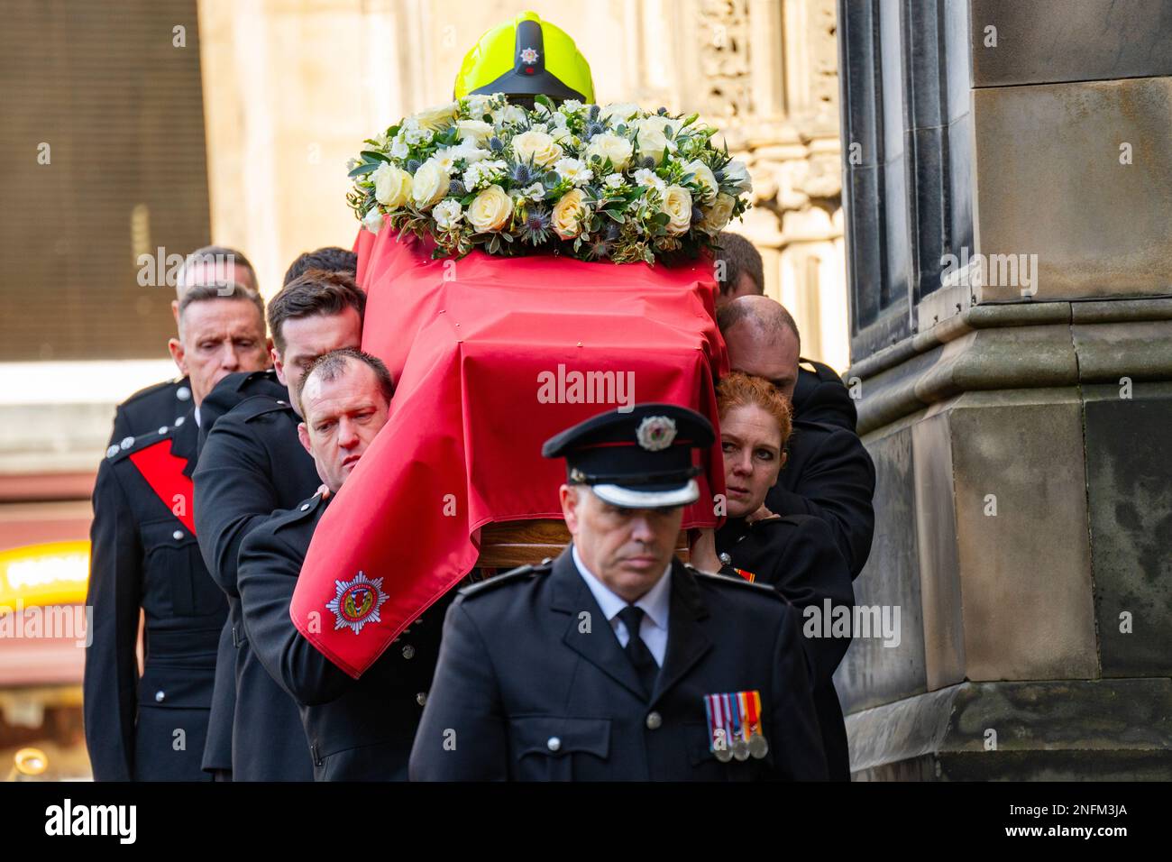Edinburgh, Scotland, UK. 17 February 2023. Funeral of firefighter Barry ...