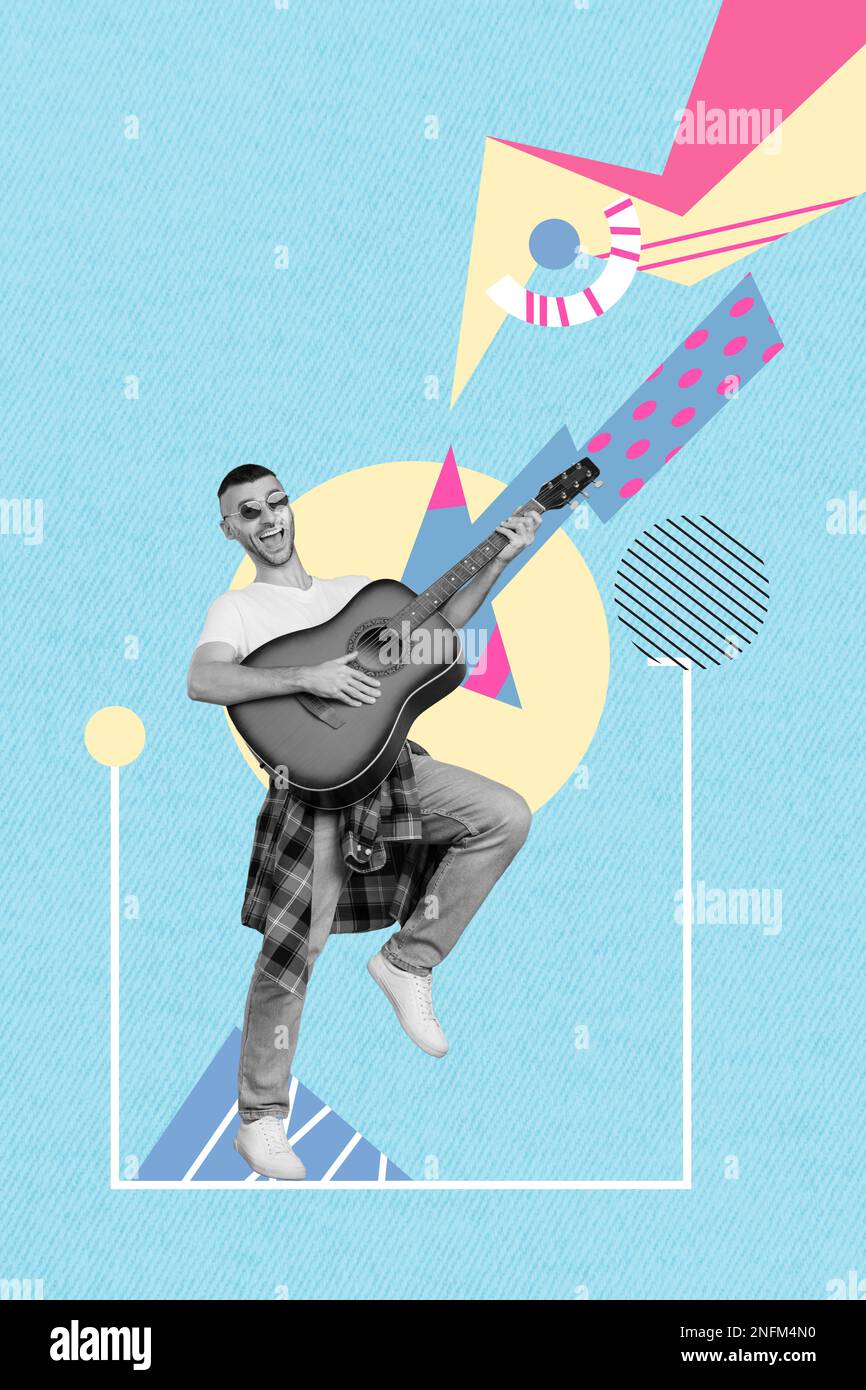 Collage photo of young overjoyed carefree funny guy playing music ...