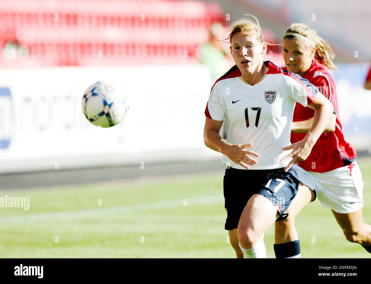 Lori Chalupni, left, of the US is challenged by Norway's Marie Knutsen ...