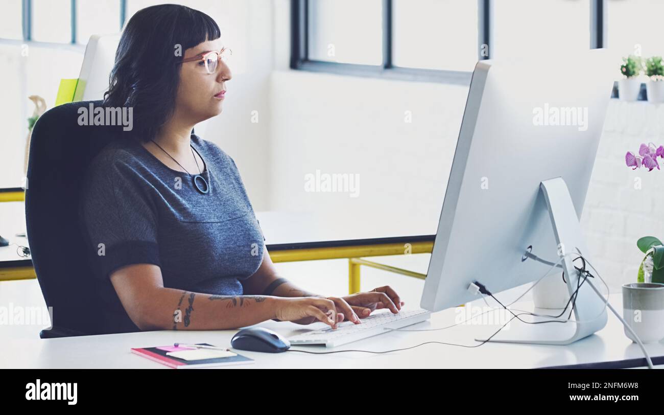 Business, computer for typing and woman planning, focus and online ...