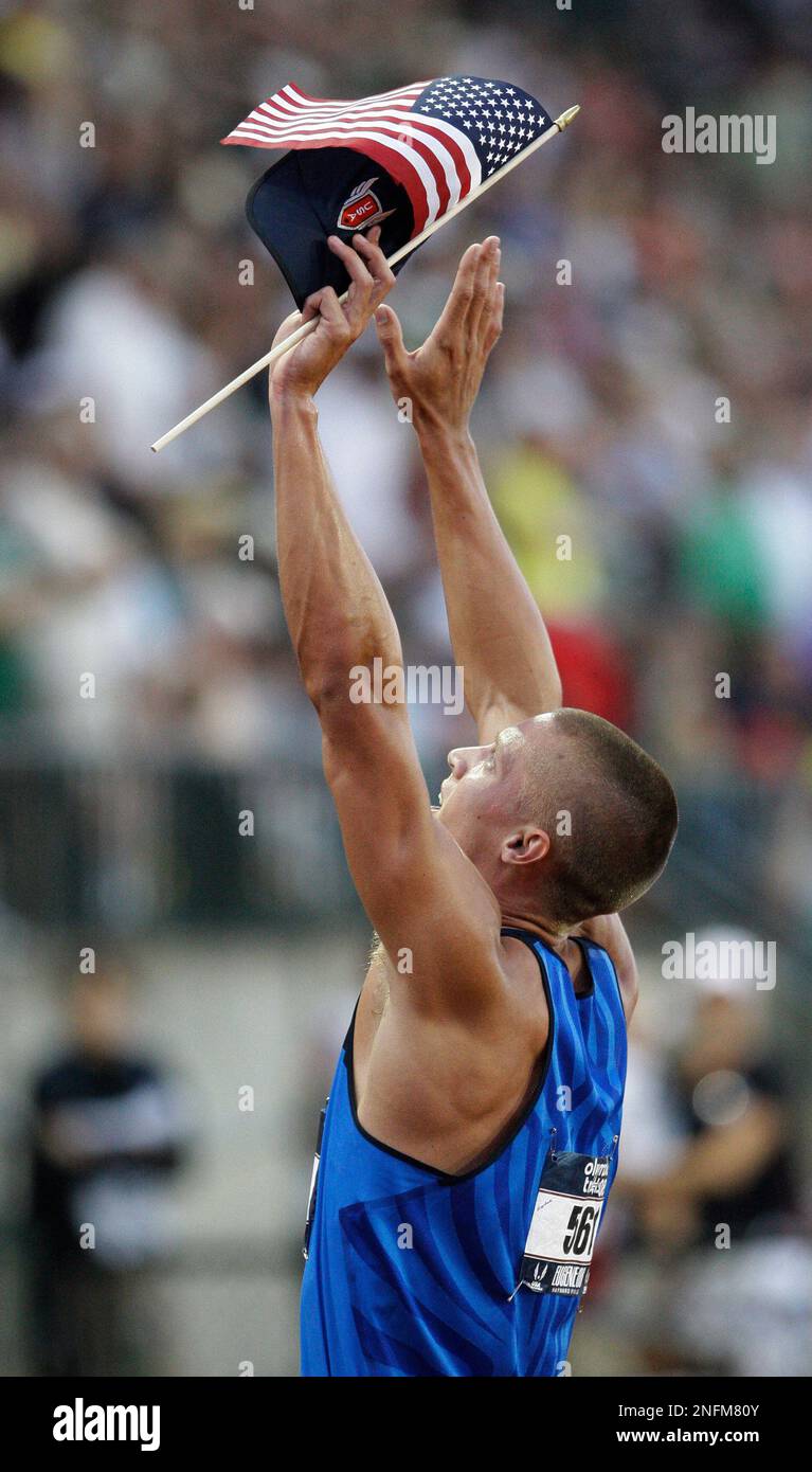 Trey Hardee celebrates after finishing second in the decathlon at the U ...