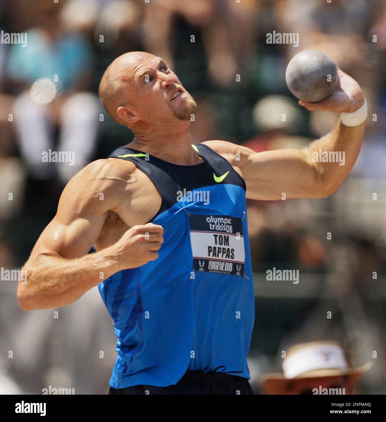 Tom Pappas throws for his lifetime best in the decathlon shot put event ...