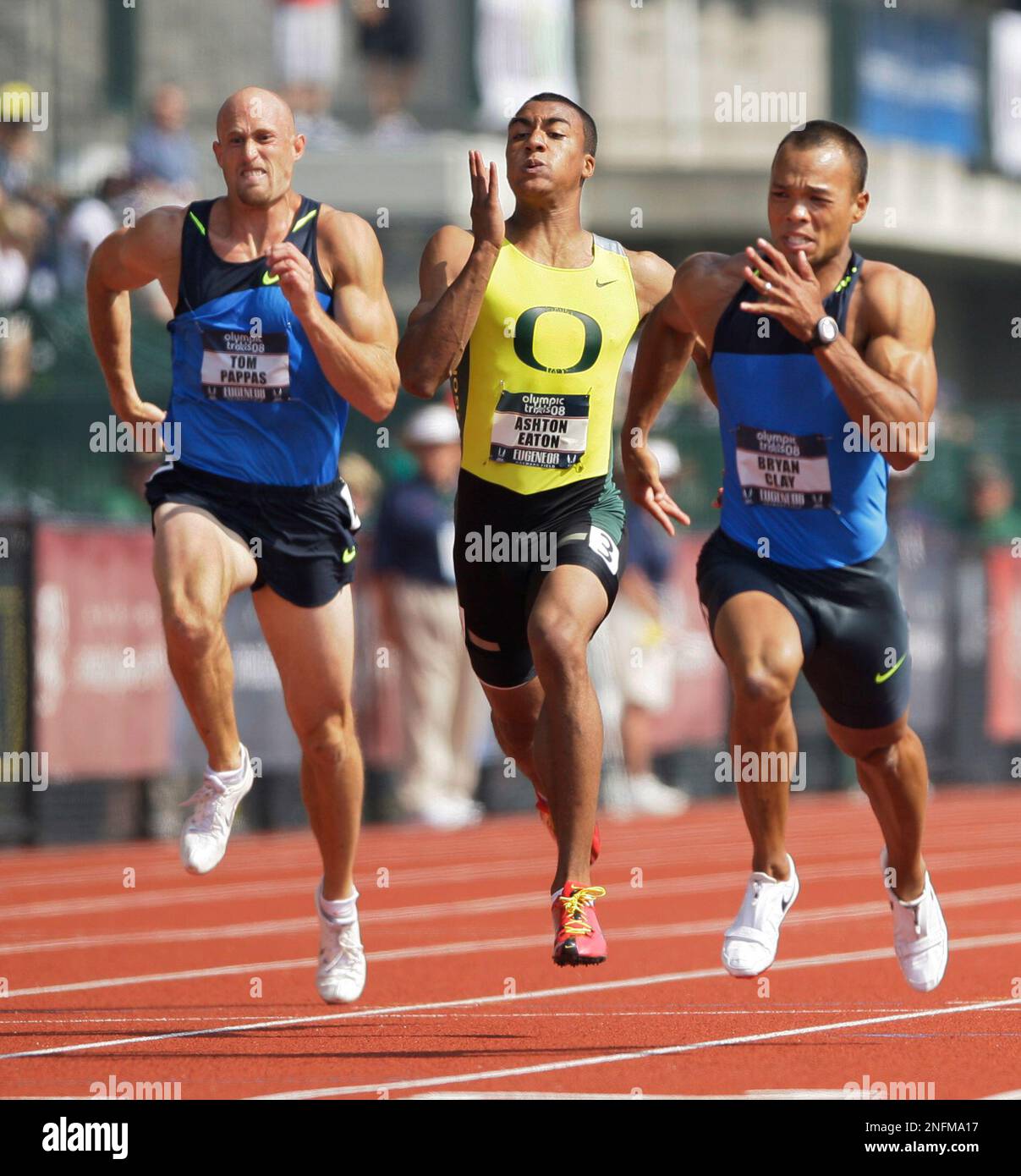 From left, Tom Pappas, Ashton Easton and Bryan Clay compete in the Decathlon 100 meter race at ...