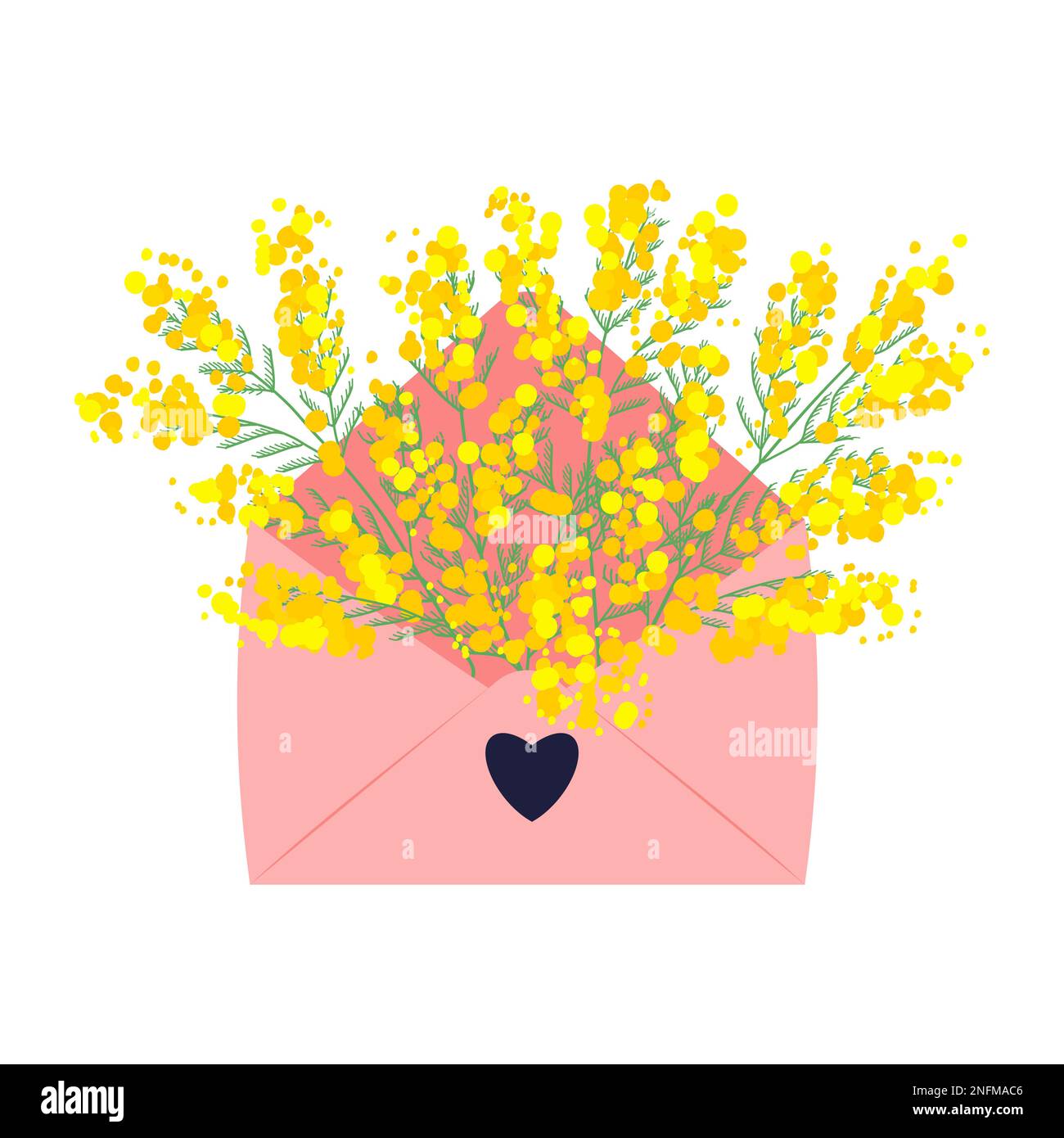 Pink envelope with mimosa flowers. 8 March invitation card. Vector ...