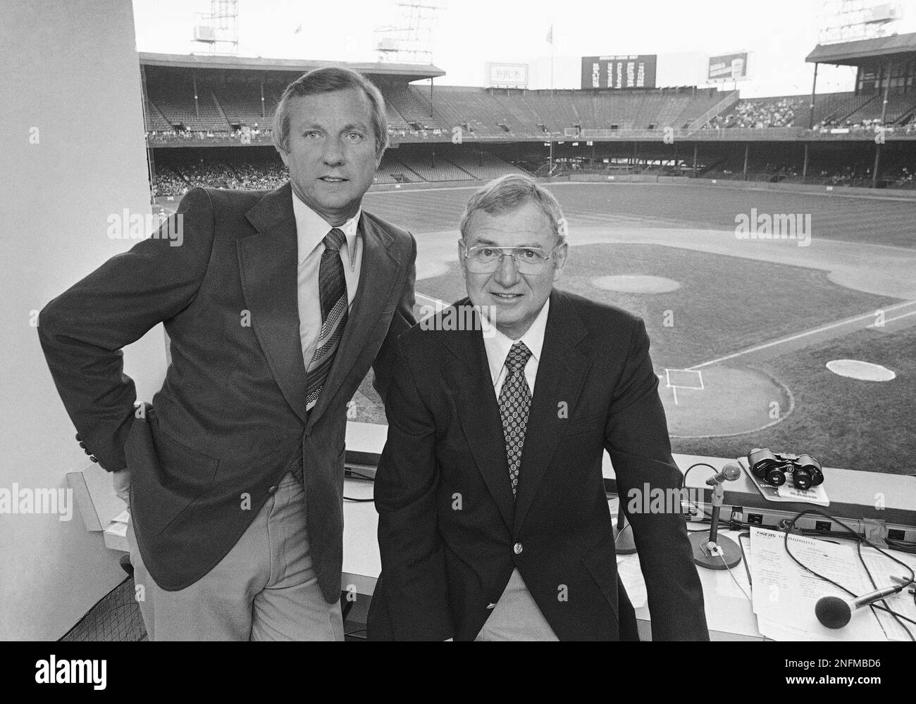 Al Kaline and George Kell, right, pose in their broadcast booth on July ...